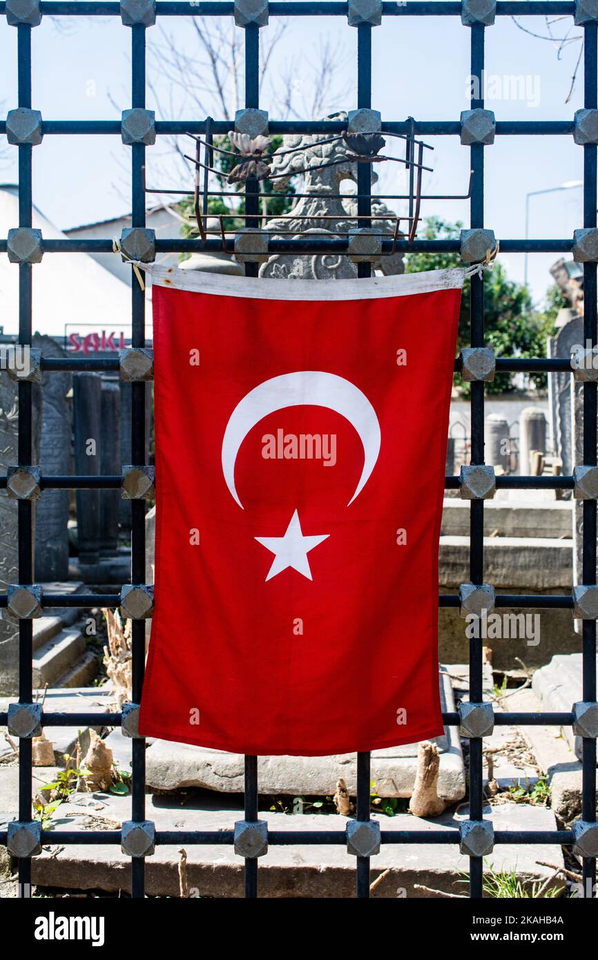Turkish flag with white star and moon in view Stock Photo - Alamy