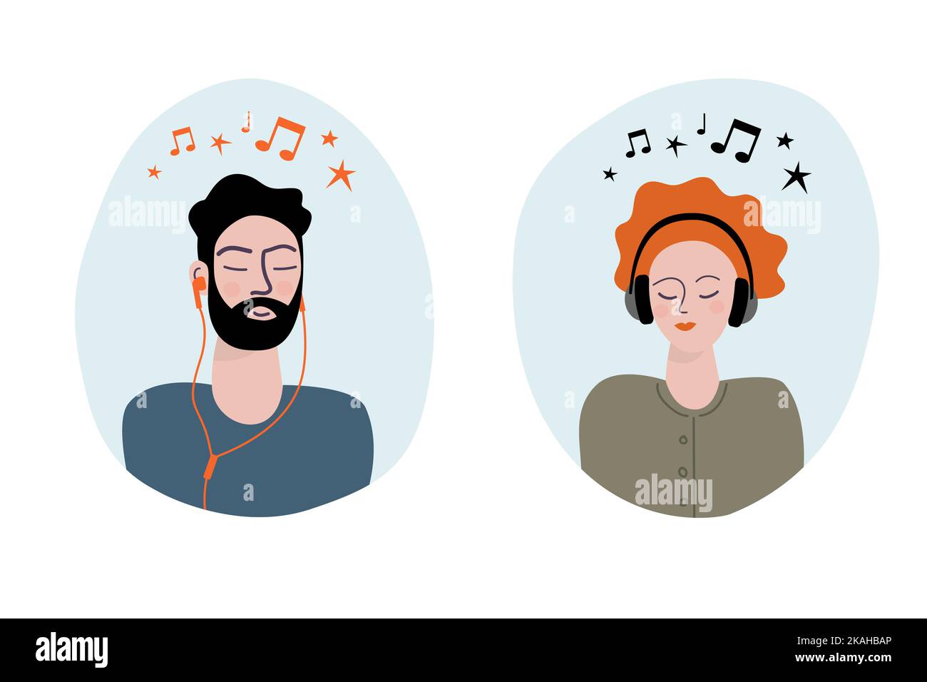 Listening to music. Set of two illustrations. People wearing headphones ...