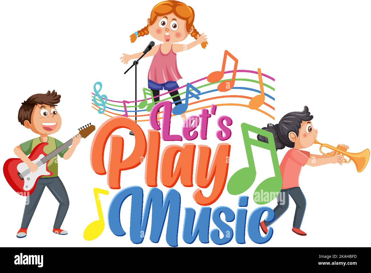 Lets play music text with children playing musical instrument ...
