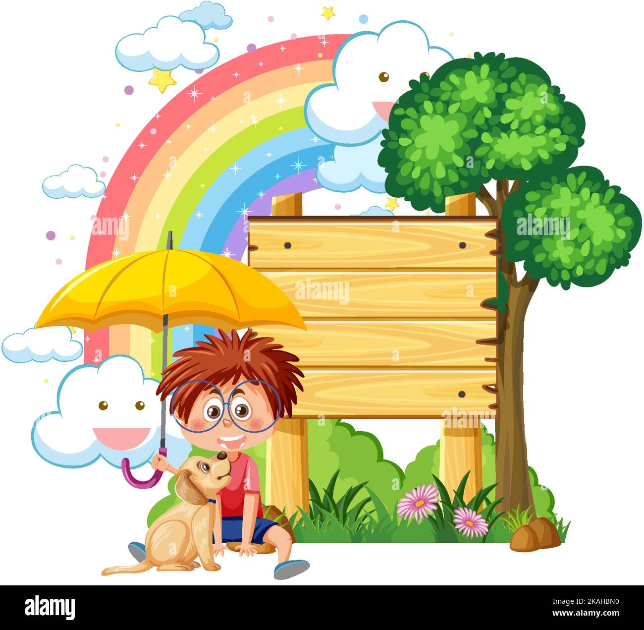Boy with empty wooden board illustration Stock Vector Image & Art - Alamy