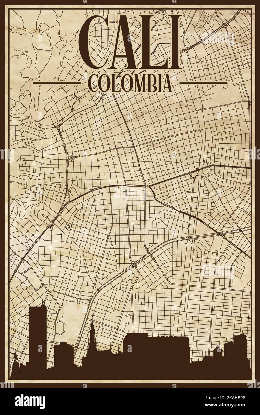 Brown vintage hand-drawn printout streets network map of the downtown ...