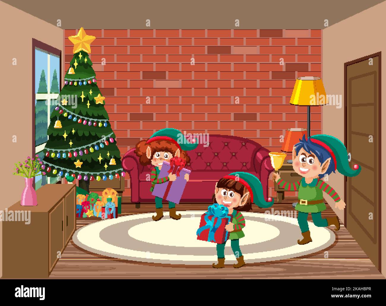 Christmas elf kids in the room scene illustration Stock Vector Image ...