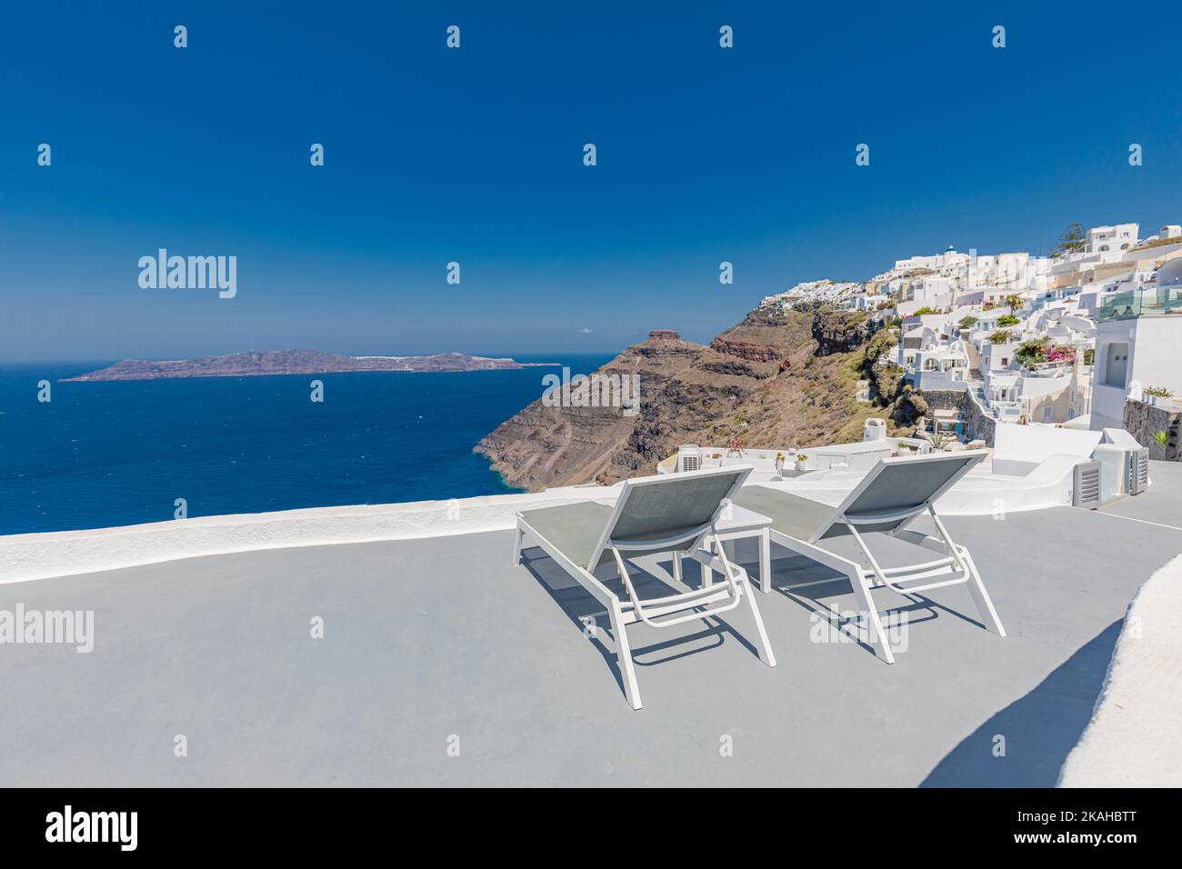 Beautiful Santorini terrace landscape, white architecture with sunny ...