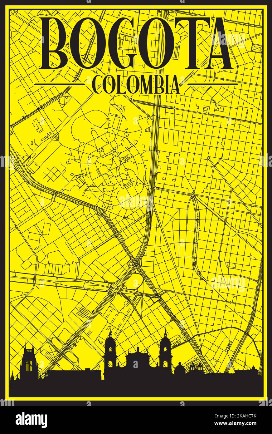 Yellow vintage hand-drawn printout streets network map of the downtown ...