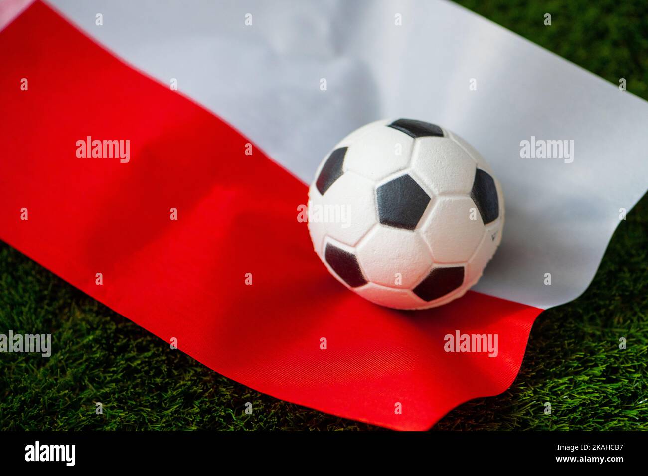 Poland national football team. National Flag on green grass and soccer ...