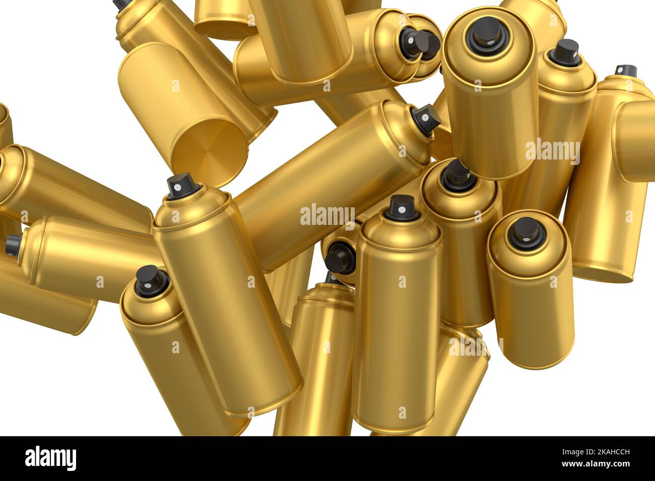 Lots of flying gold spray paint cans on white background. 3d render ...