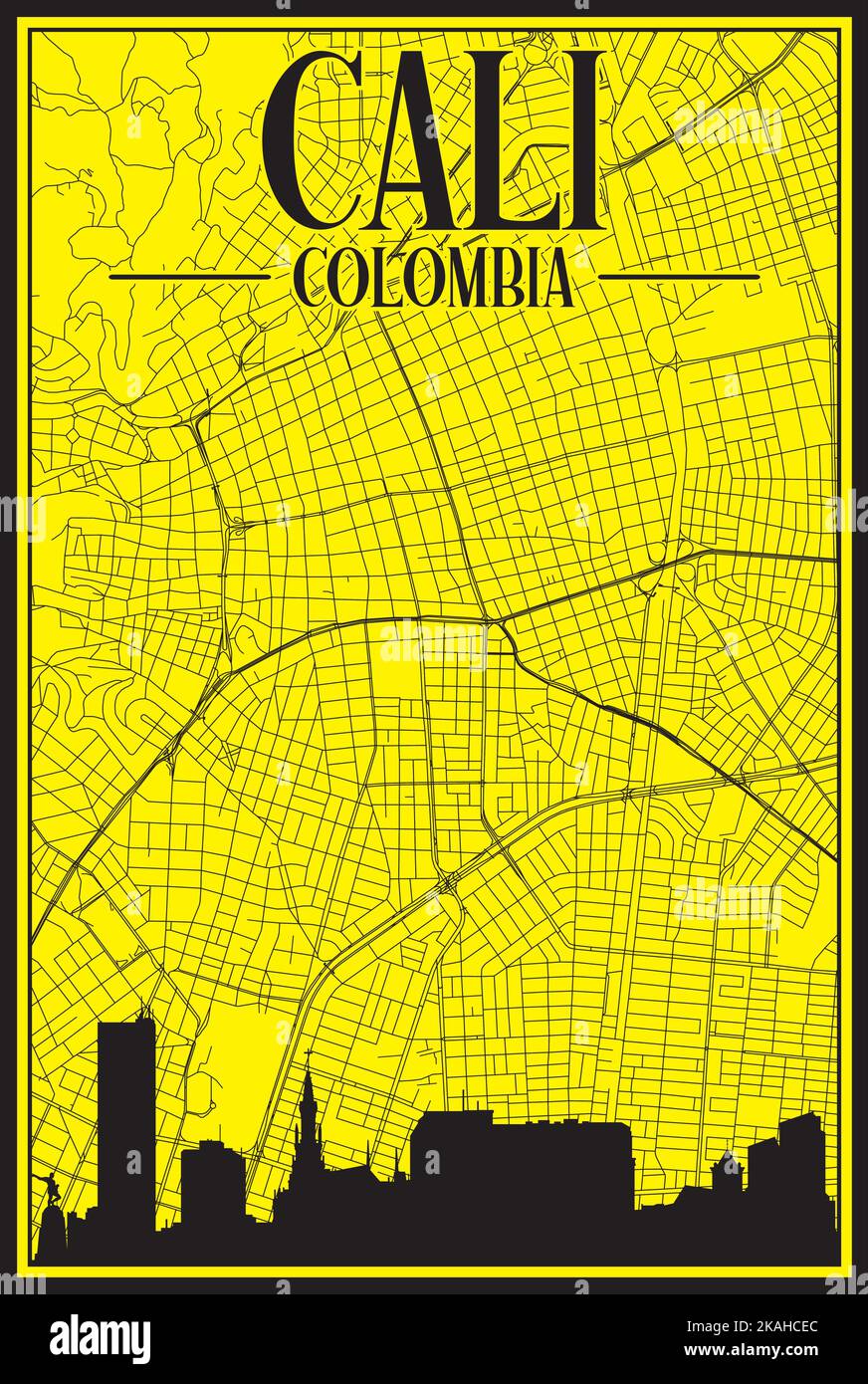 Yellow vintage hand-drawn printout streets network map of the downtown ...