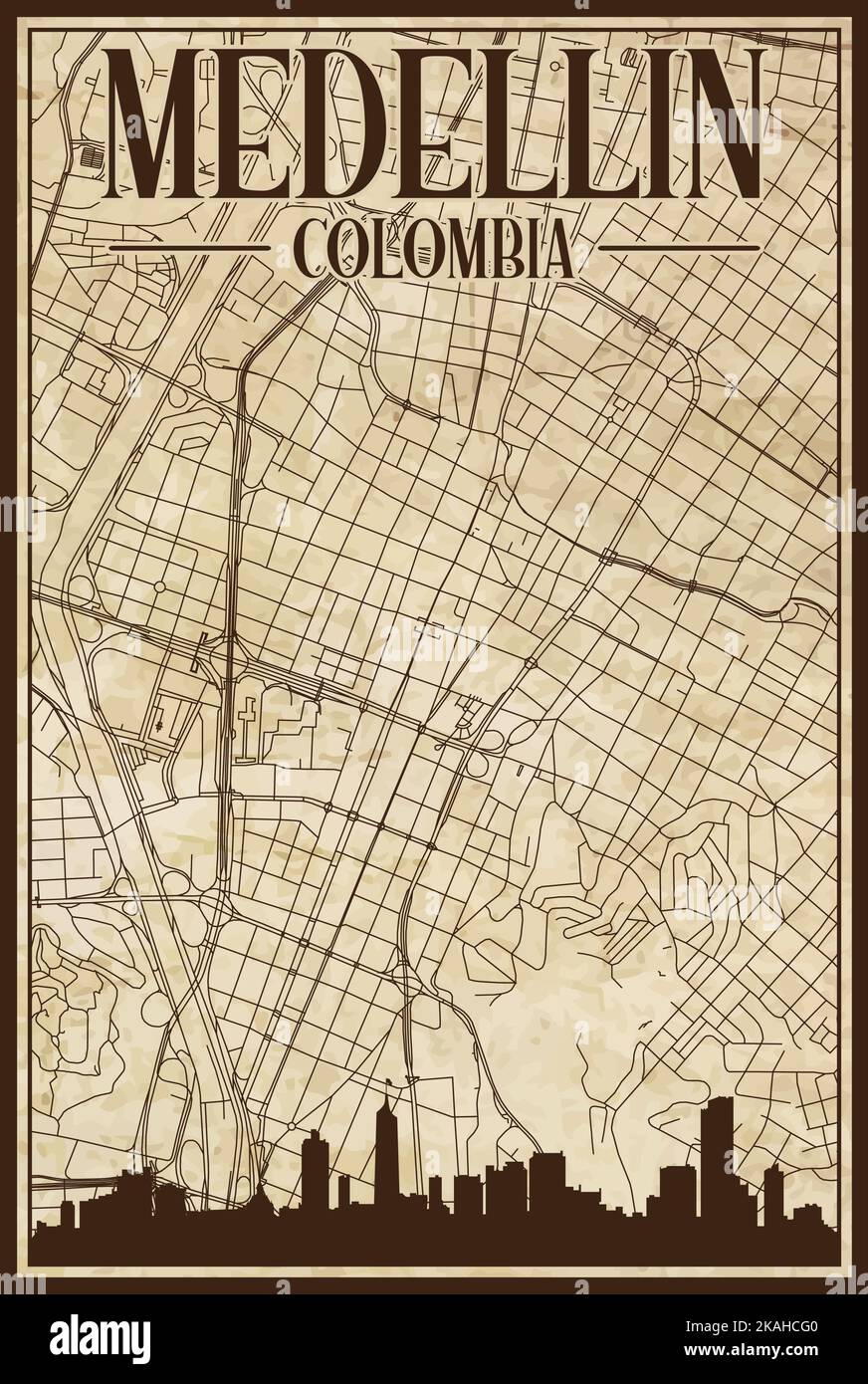 Brown vintage hand-drawn printout streets network map of the downtown ...
