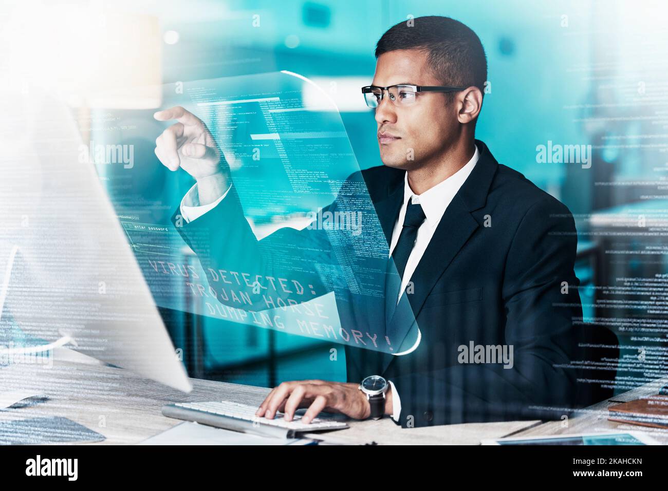 Cyber security, safety and it with businessman and computer virus with ...