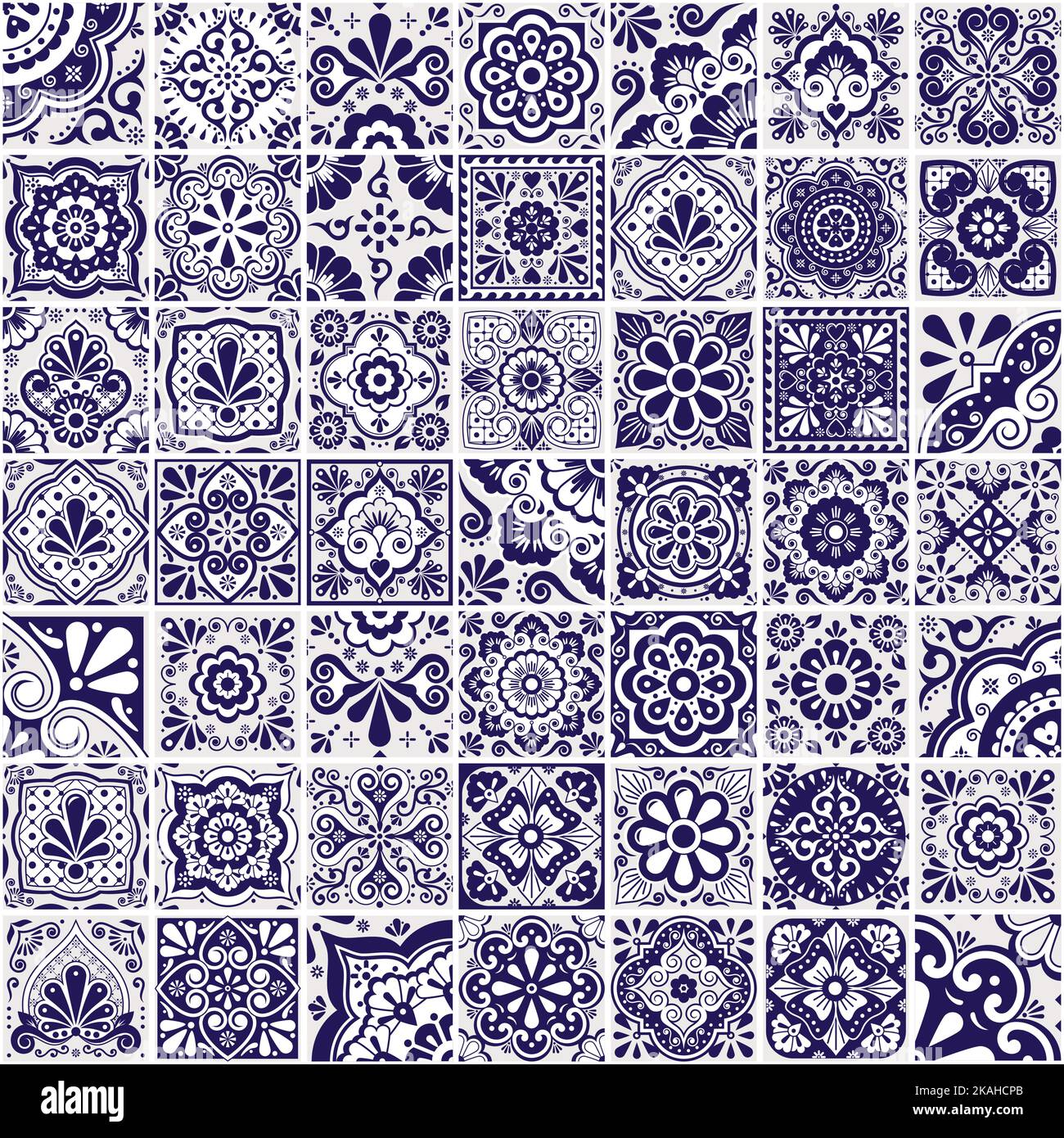 Mexican talavera tiles vector seamless pattern- big 49 different navy ...