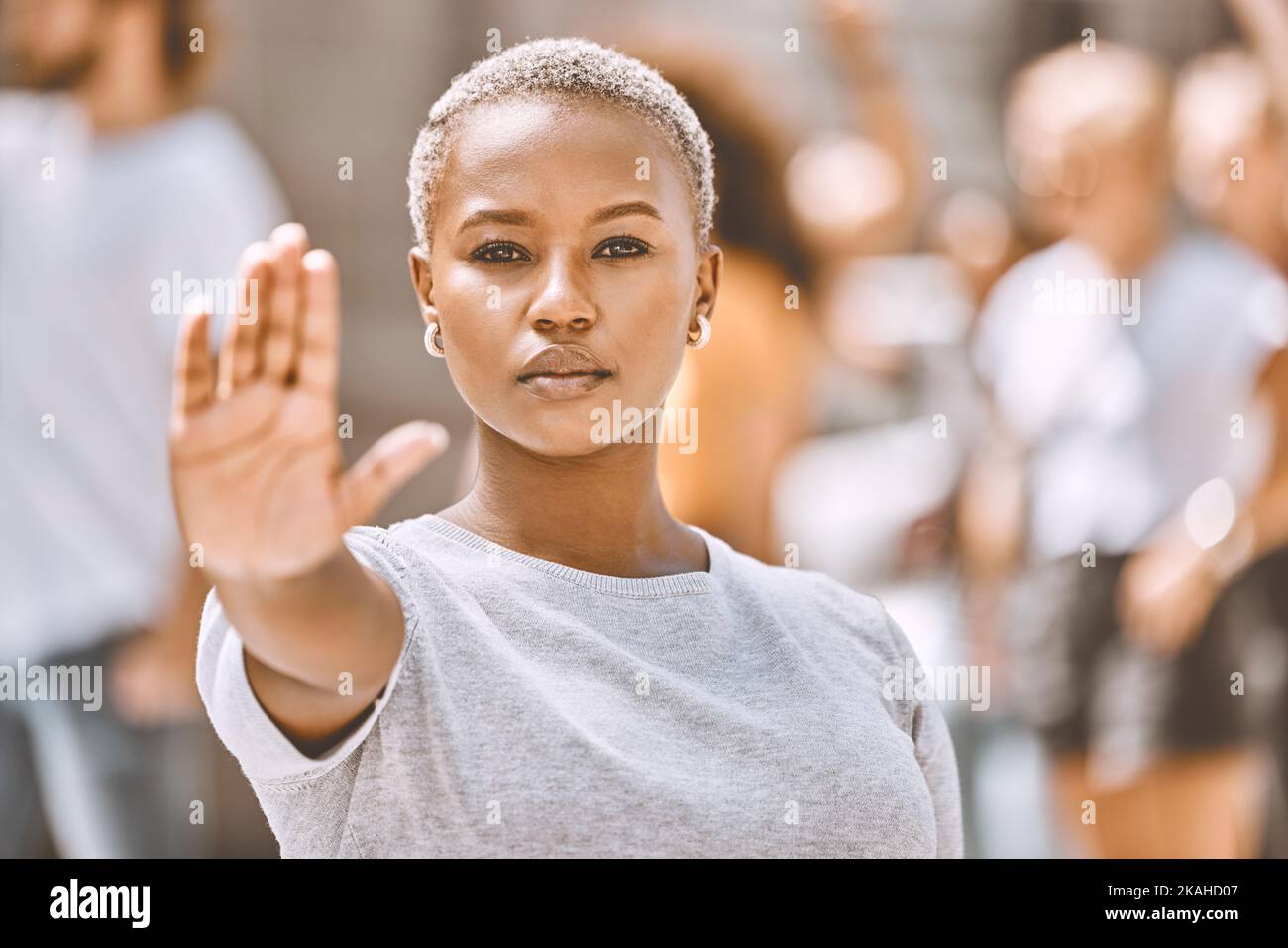 Stop, protest and hand of black woman in city for activism, social ...