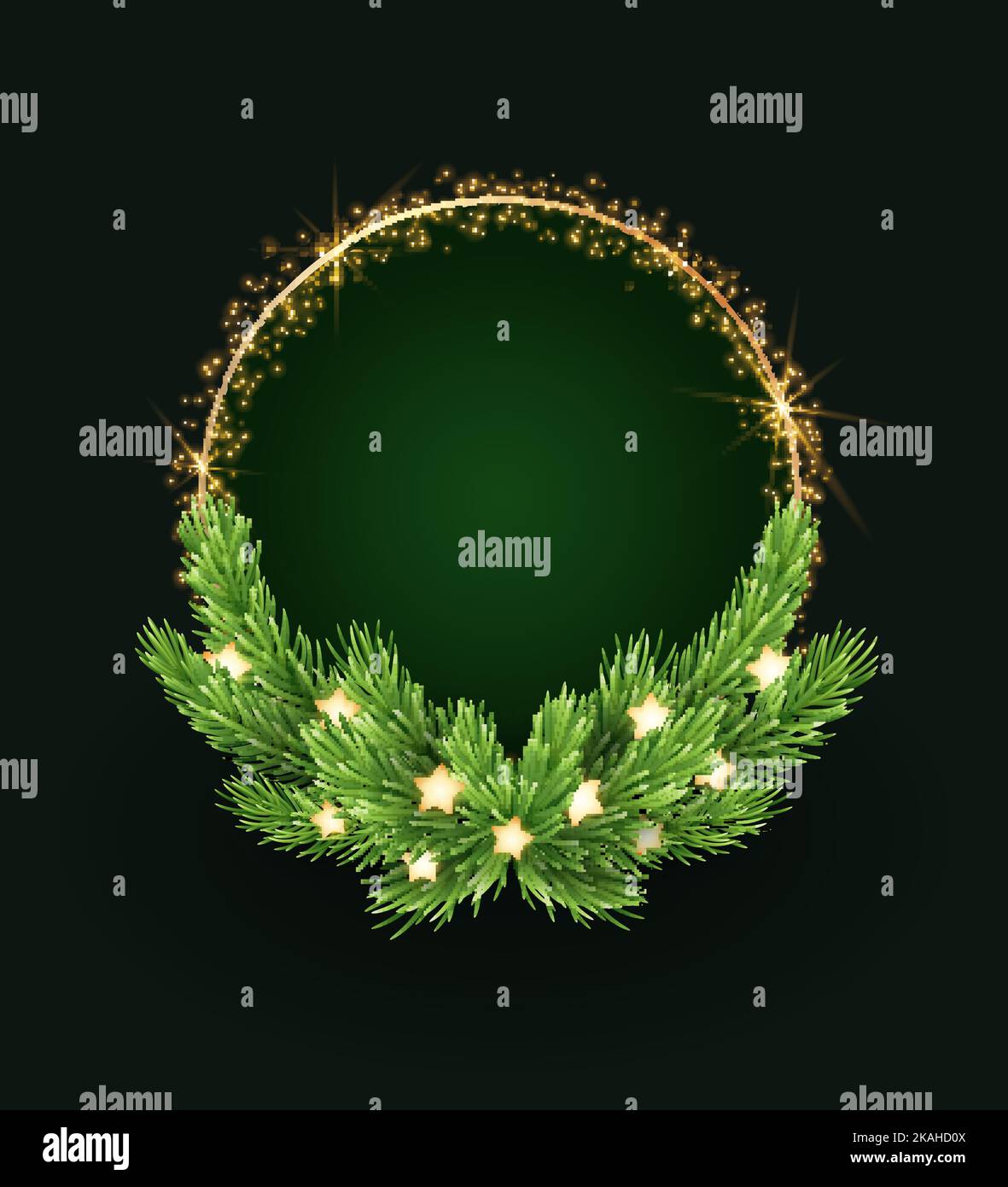 Christmas wreath with pine branches, gold glitter and glowing stars ...