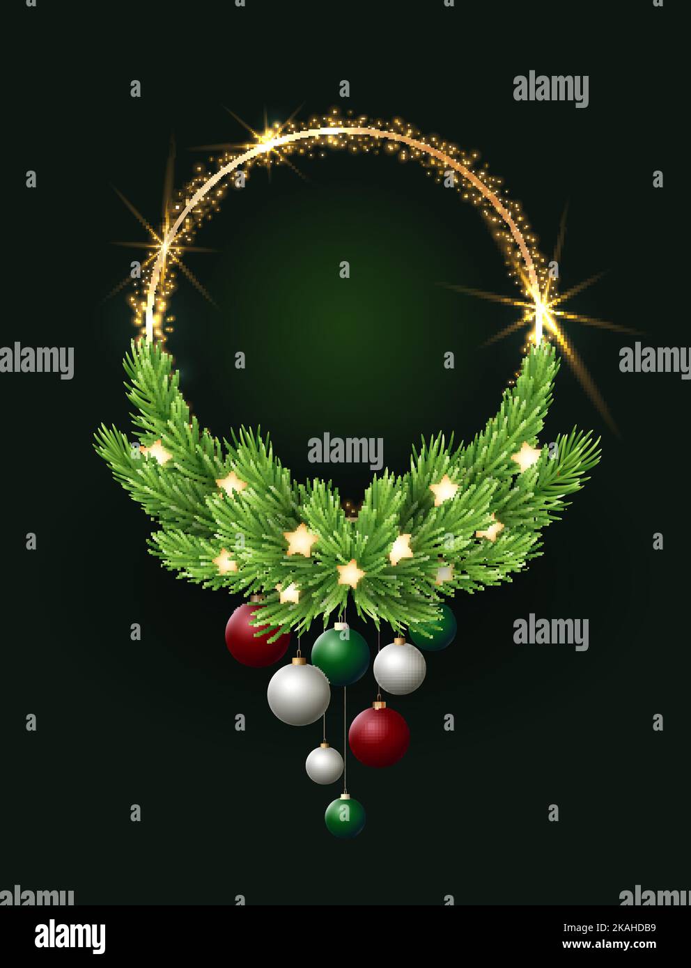 Christmas wreath with pine branches, gold glitter and glowing stars ...