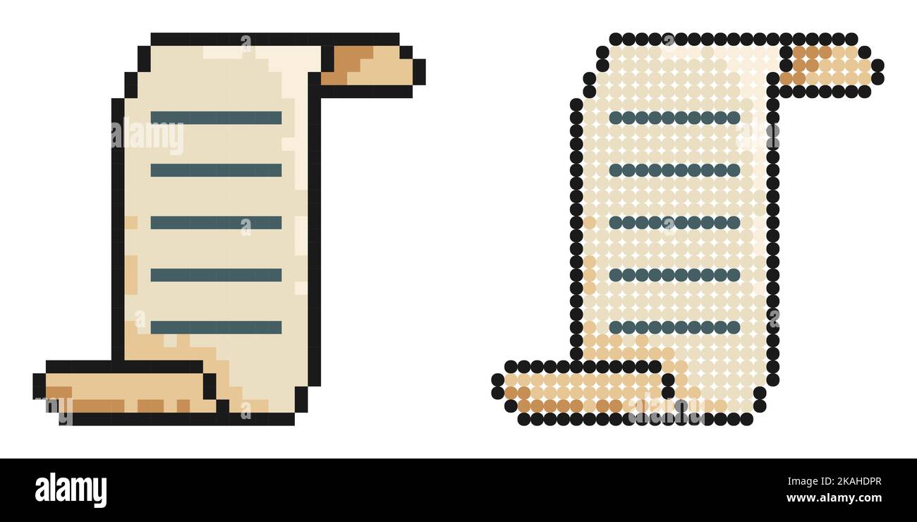 Pixel icon. Scroll paper icon. Papyrus paper rolled up. Conclusion and ...
