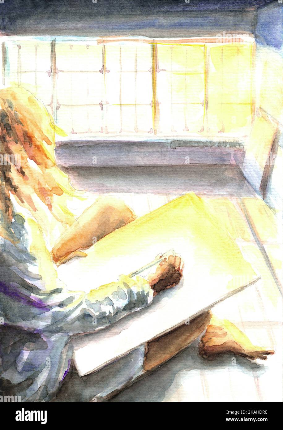 Watercolour woman sitting drawn hi-res stock photography and images - Alamy