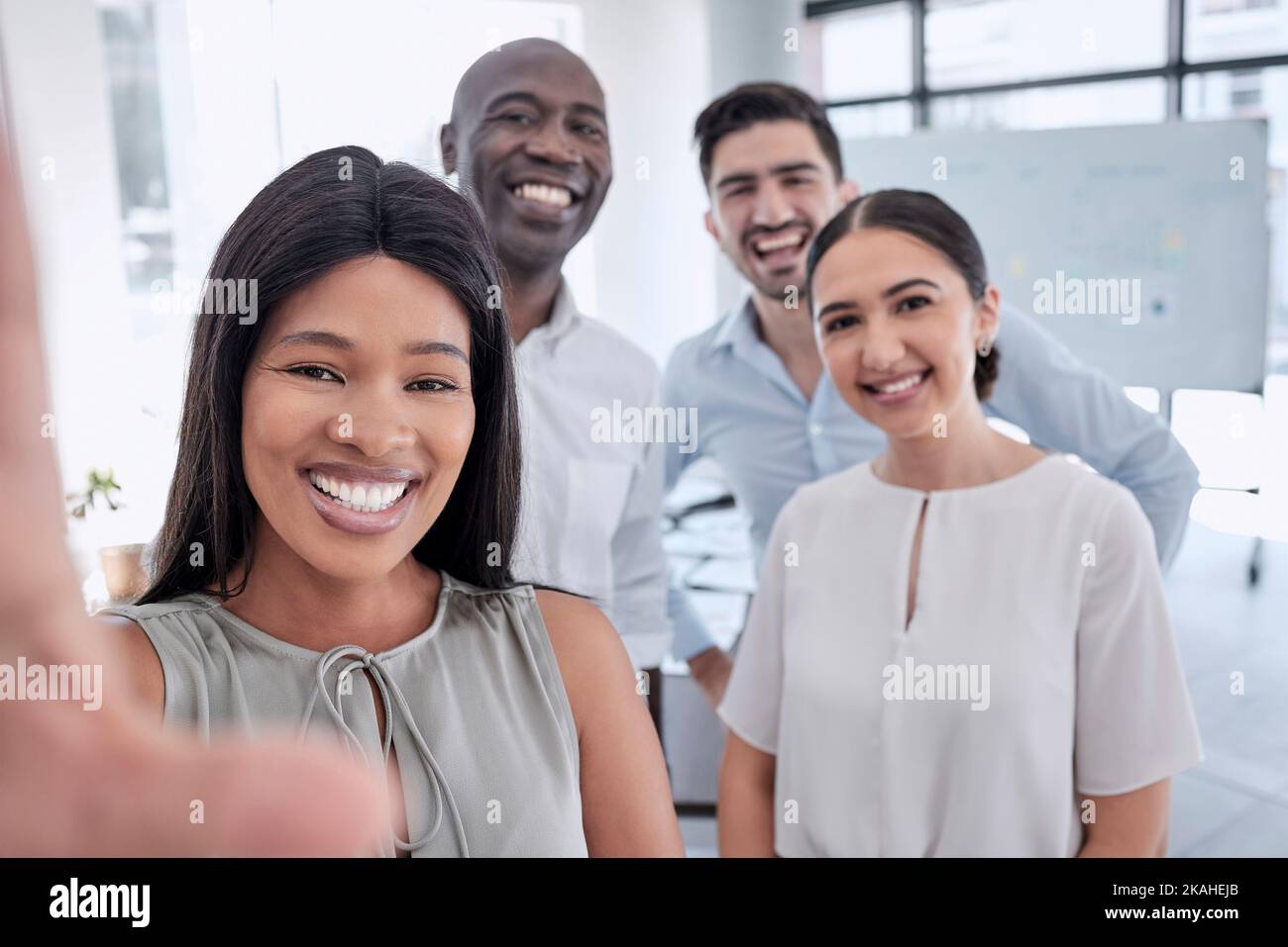 Happy, selfie and office team friends together in workplace pose for social media photograph ...
