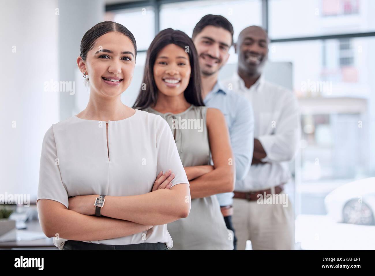 Pride, teamwork and portrait of business people in corporate with smile ...