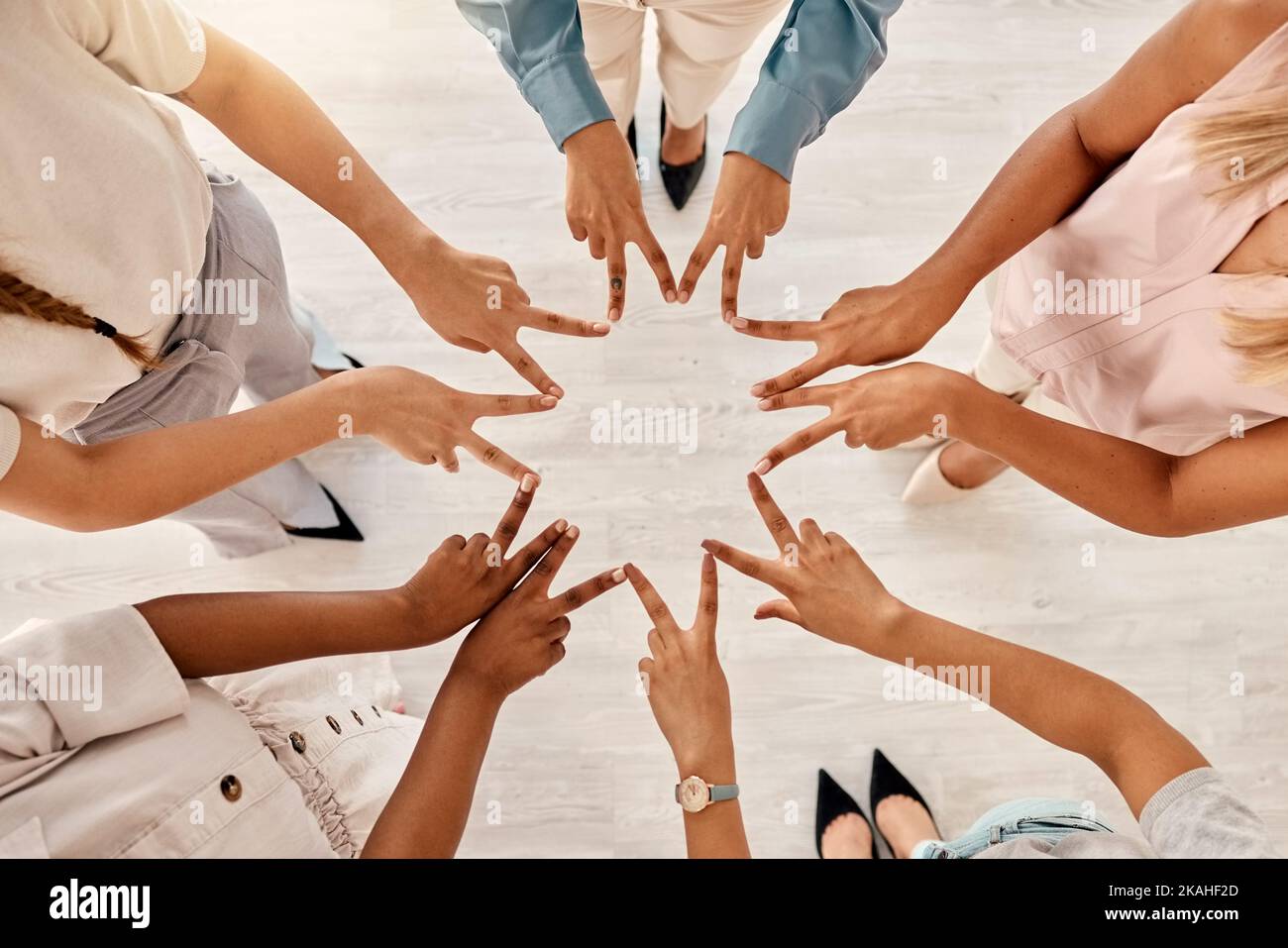 Peace, diversity and hands of business people with sign of teamwork ...