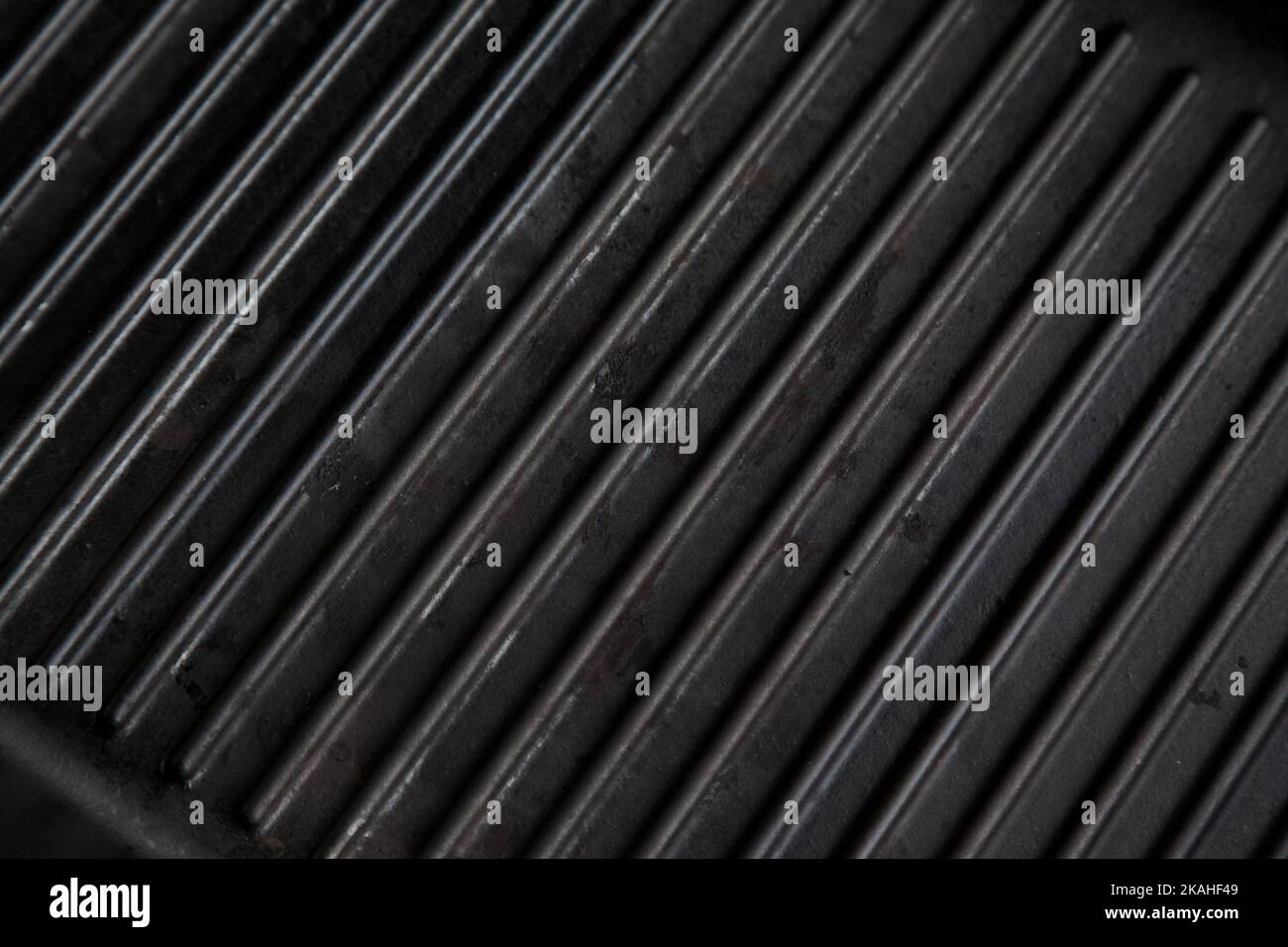 Texture of empty black cast heavy iron grill pan, actively used modern ...