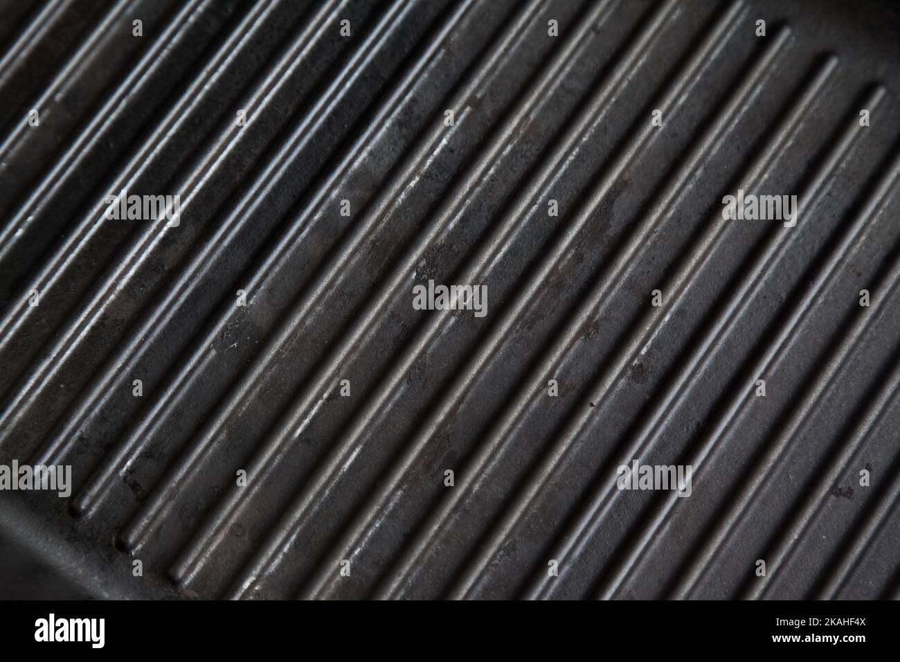 Texture of empty black cast heavy iron grill pan, actively used modern ...