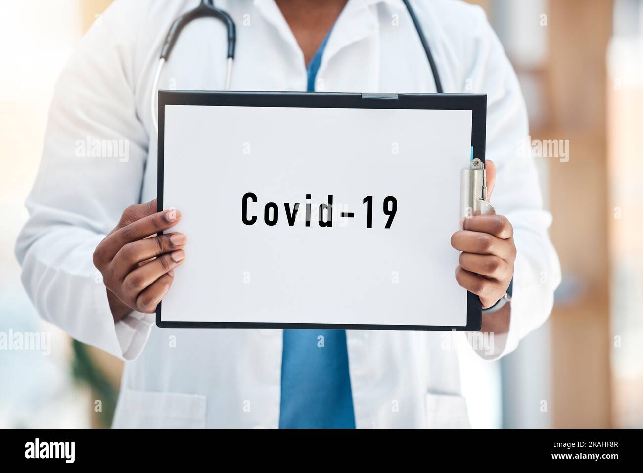 Doctor, covid 19 paper sign and clipboard, poster and information ...