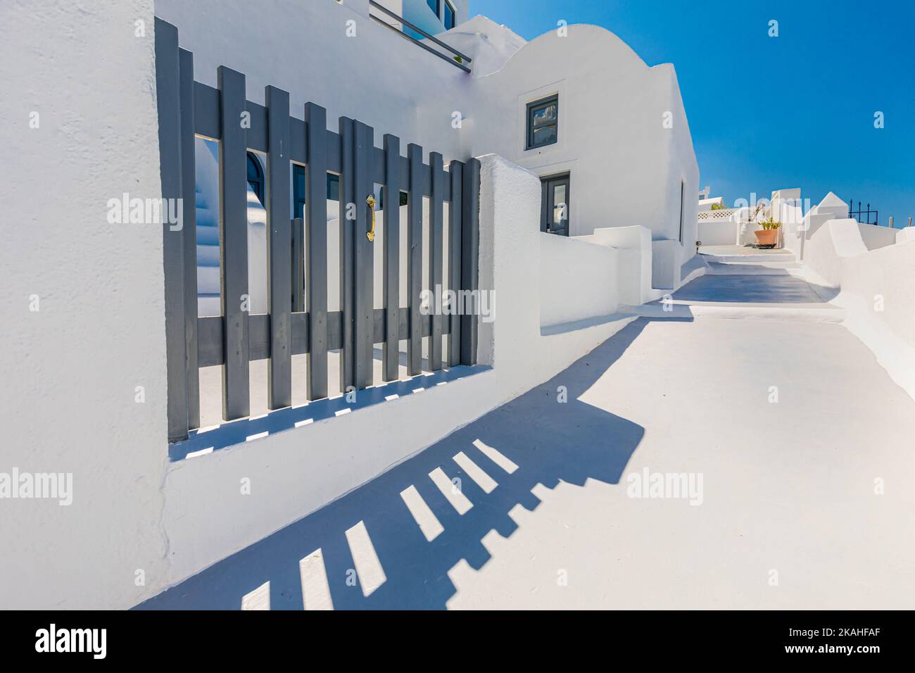 Beautiful panoramic street view on the mediterranean blue sea, caldera ...