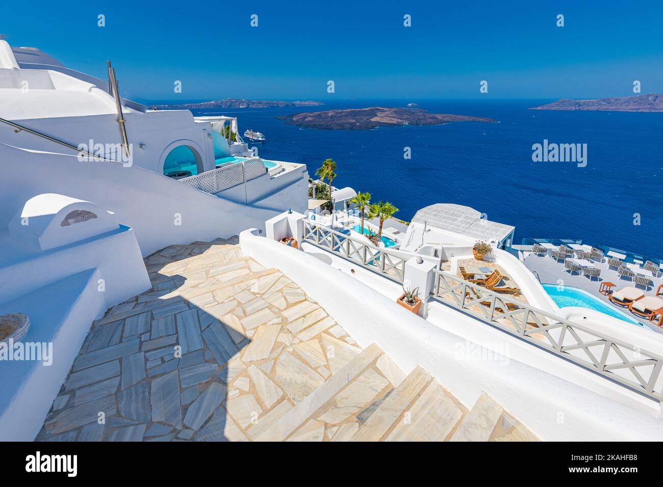 Beautiful panoramic street view on the mediterranean blue sea, caldera ...