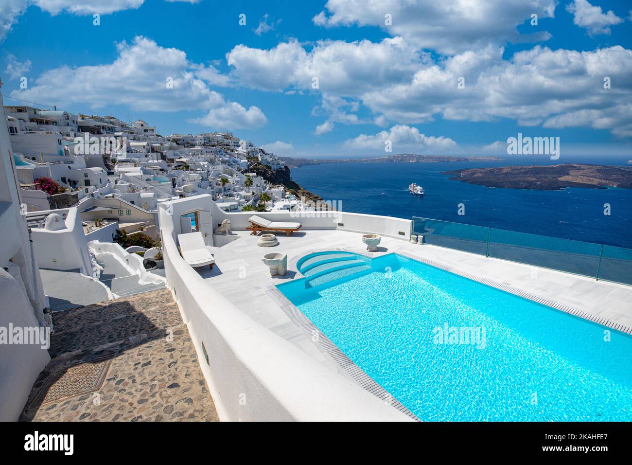 Santorini, Greece landscape, pool caldera view with flowers blue doors ...