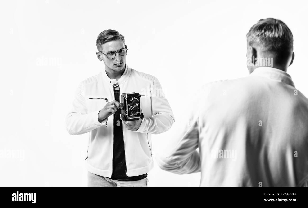 Twin Brothers Men Photographer In White Casual Look Alike Use Vintage Photo Camera