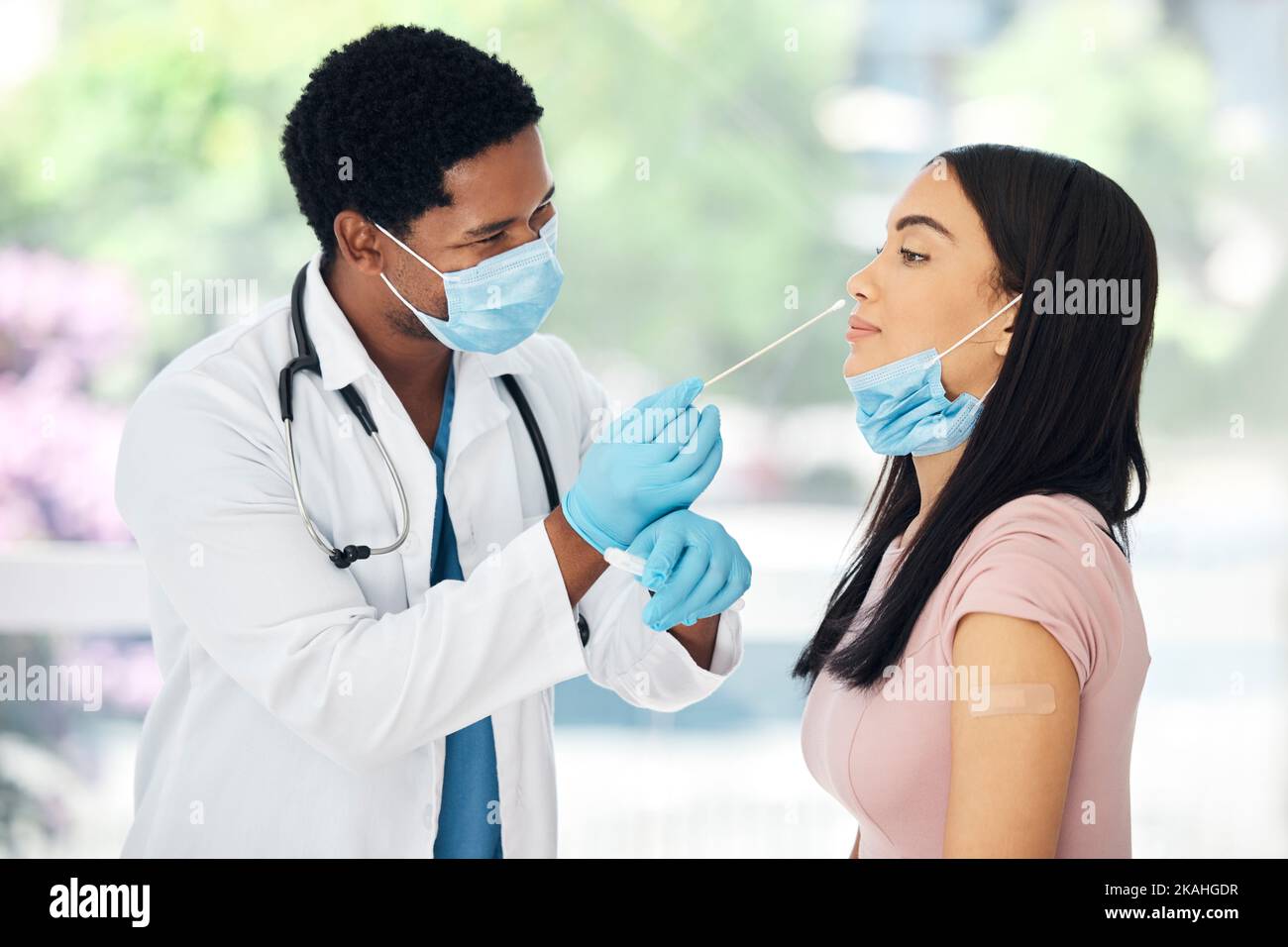 Doctor, patient and covid pcr, test and appointment in medical hospital ...