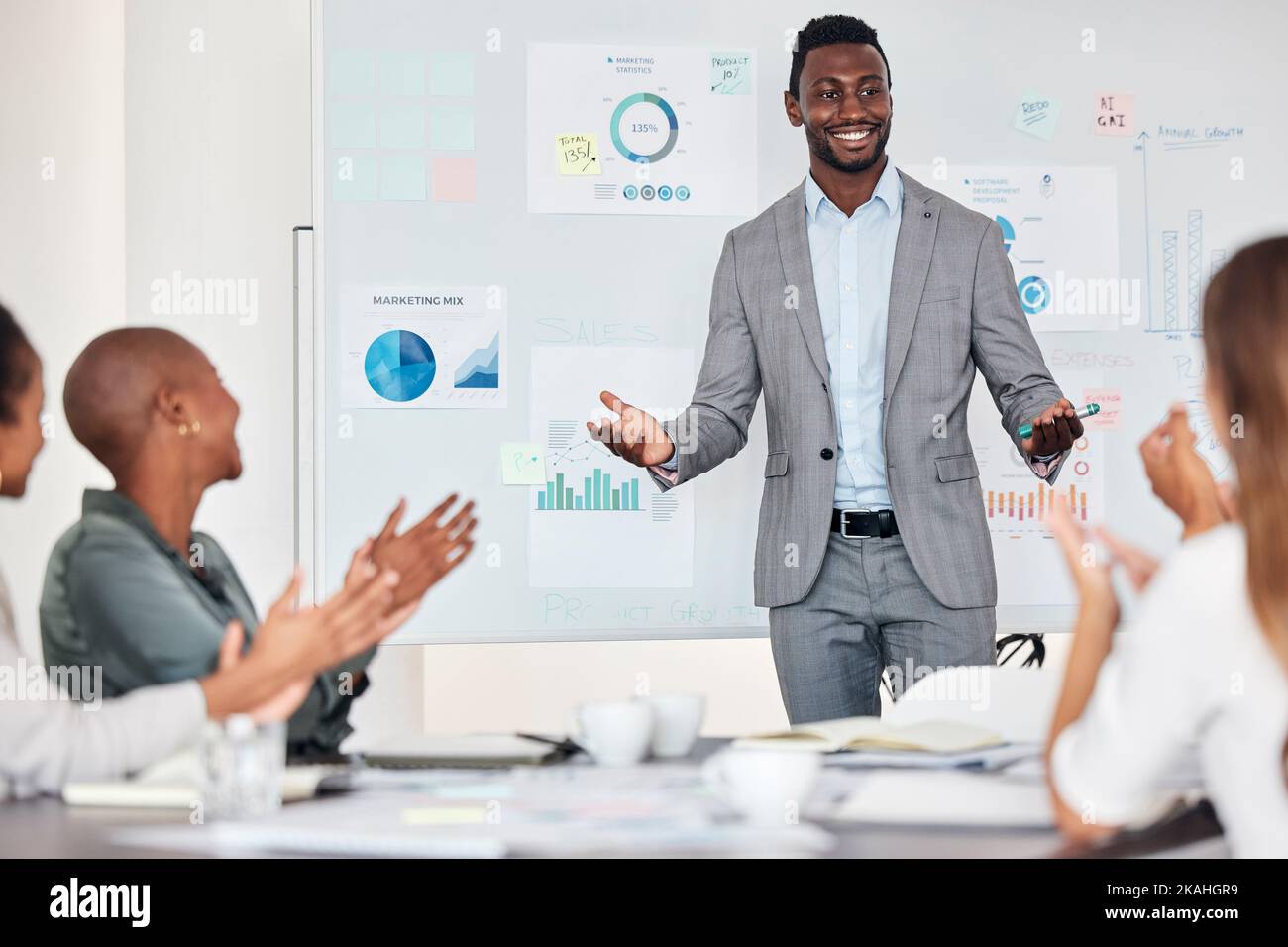 Chart presentation, leader or team applause for achievement of kpi ...