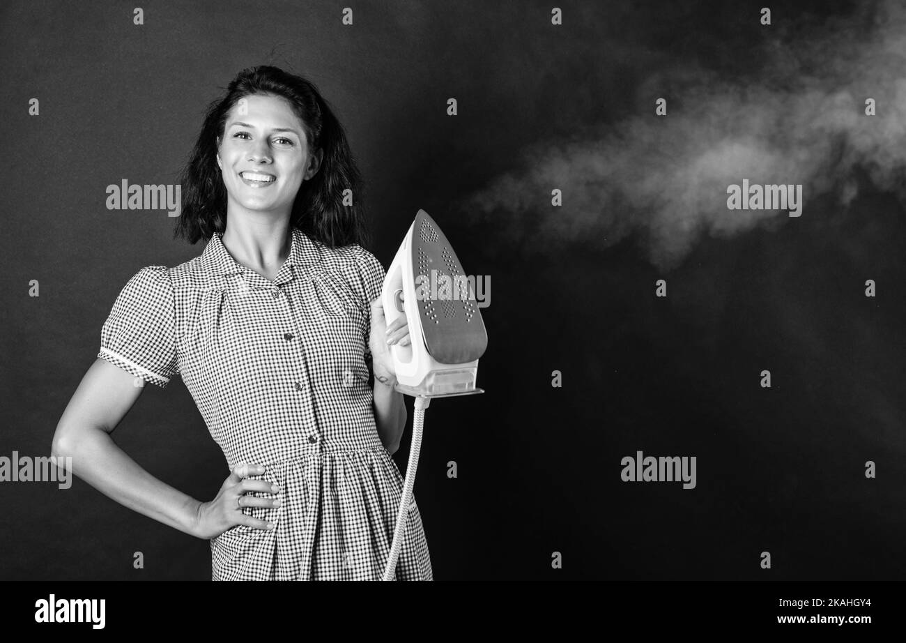 Iron for you. pinup girl prepare ironing. vintage lady hold modern iron ...