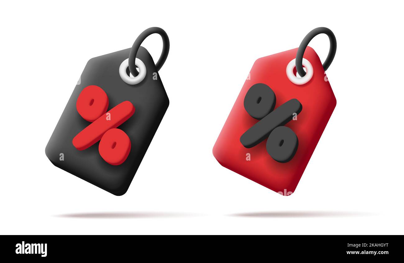 Set of 3d price tags, rounded cartoon style badges with volume percent ...