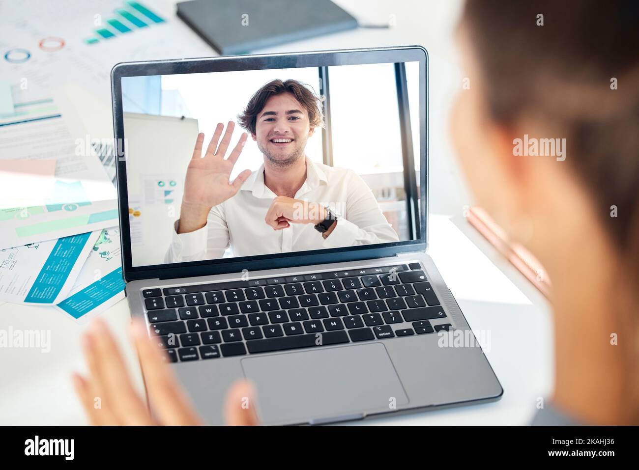 Wave, laptop and businessman video call, online meeting and ...