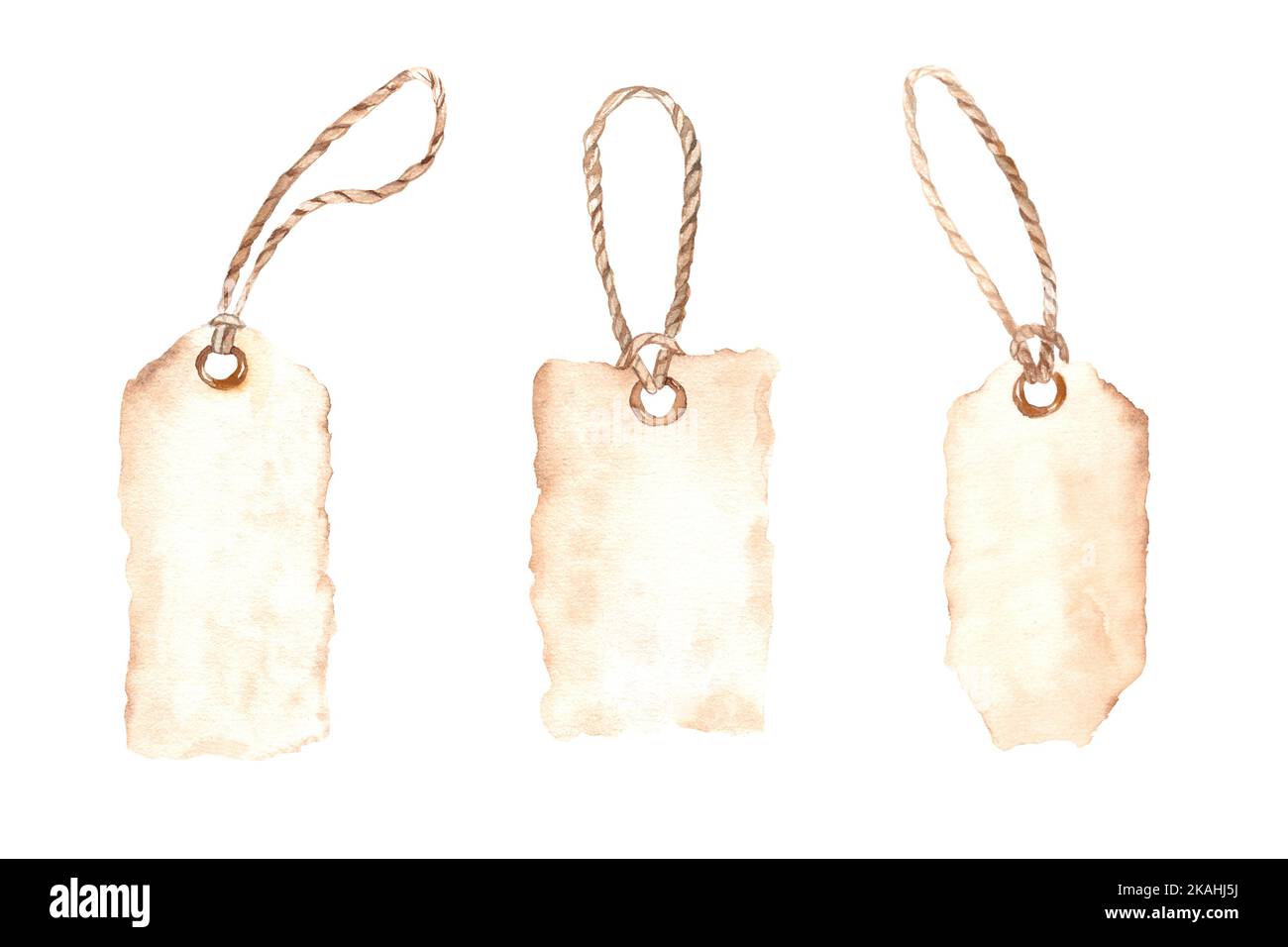 Set of vintage paper tags on jute cord. Hand drawn watercolor ...