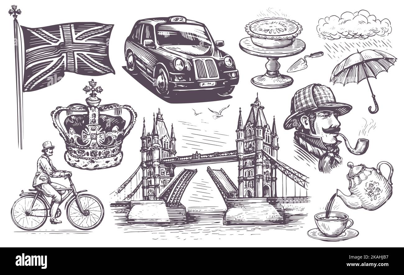 England, London concept set. Hand drawn collection of illustrations in ...