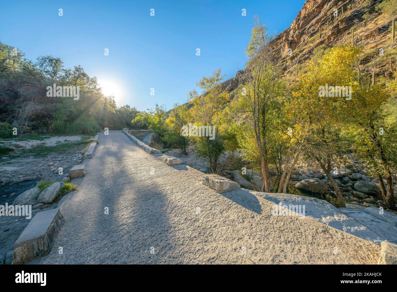 Paved pathway hiking trail along rugged cliffs in the Sabino Canyon ...