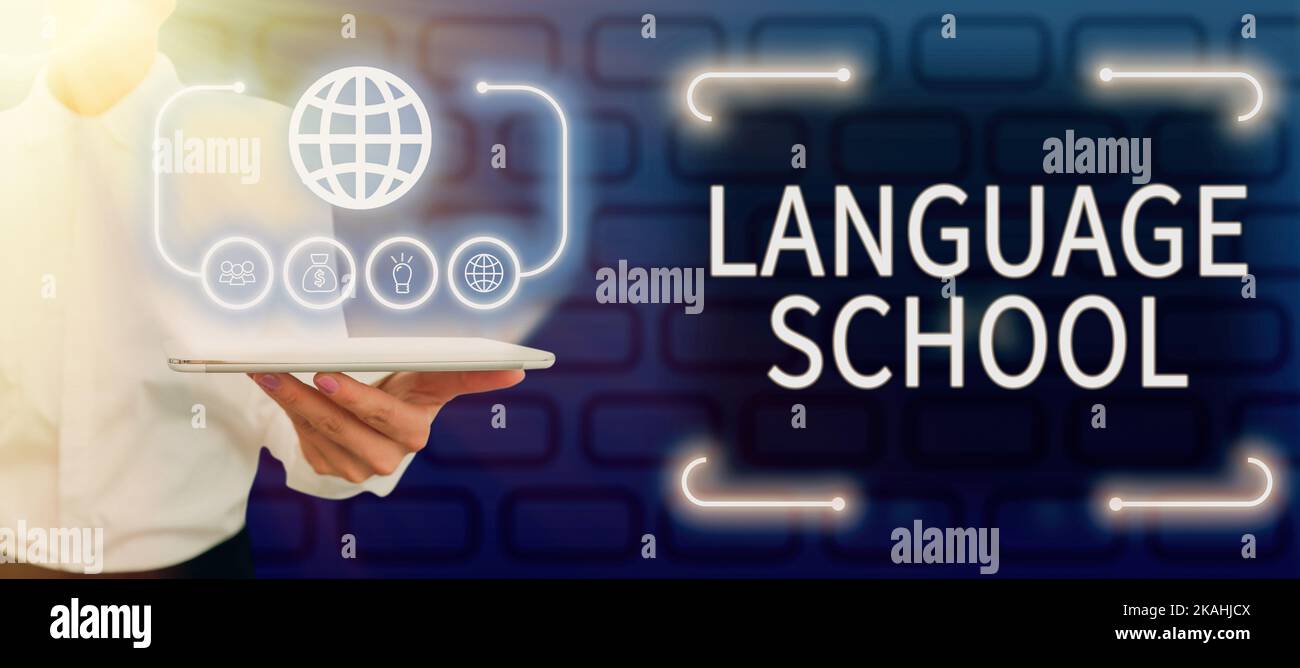 Hand writing sign Language School. Word Written on educational ...