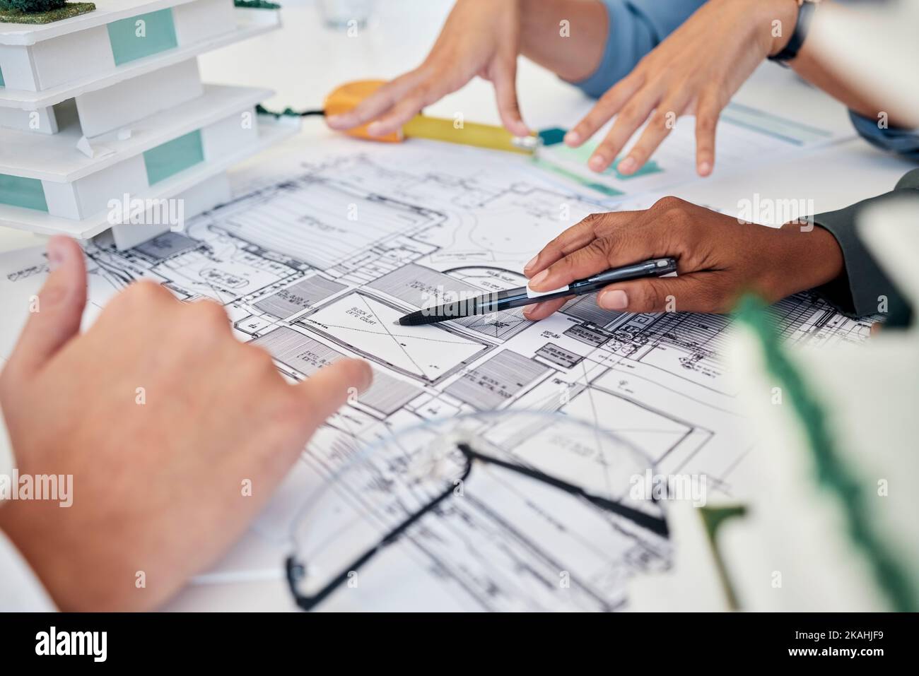 Architect, hands and blueprint for building collaboration, planning new ...