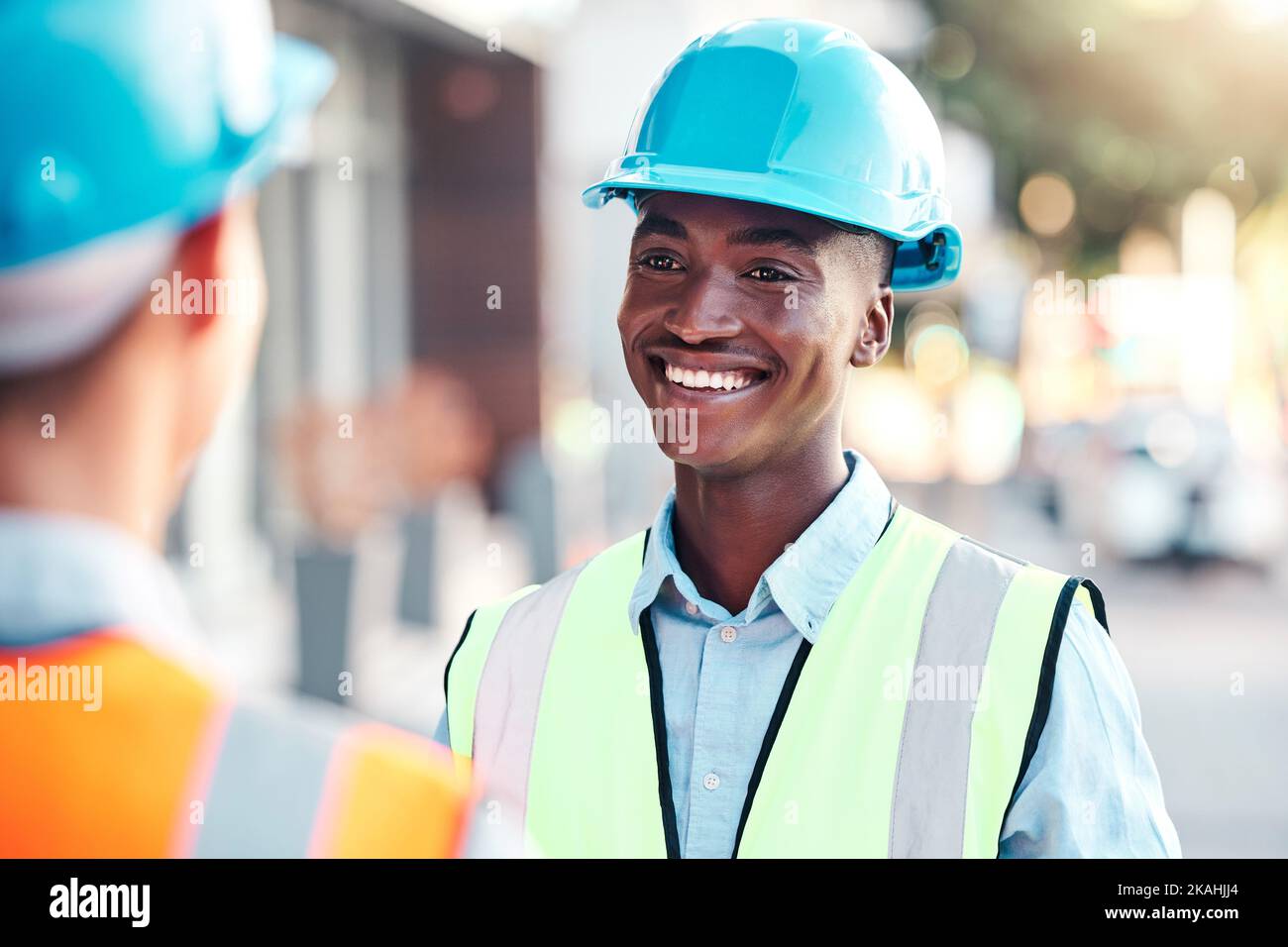 Construction, black man and architect talking, happy and conversation ...
