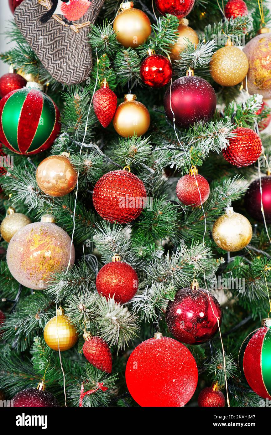 Christmas tree background. Cloce-up Beautiful Christmas tree with decor ...