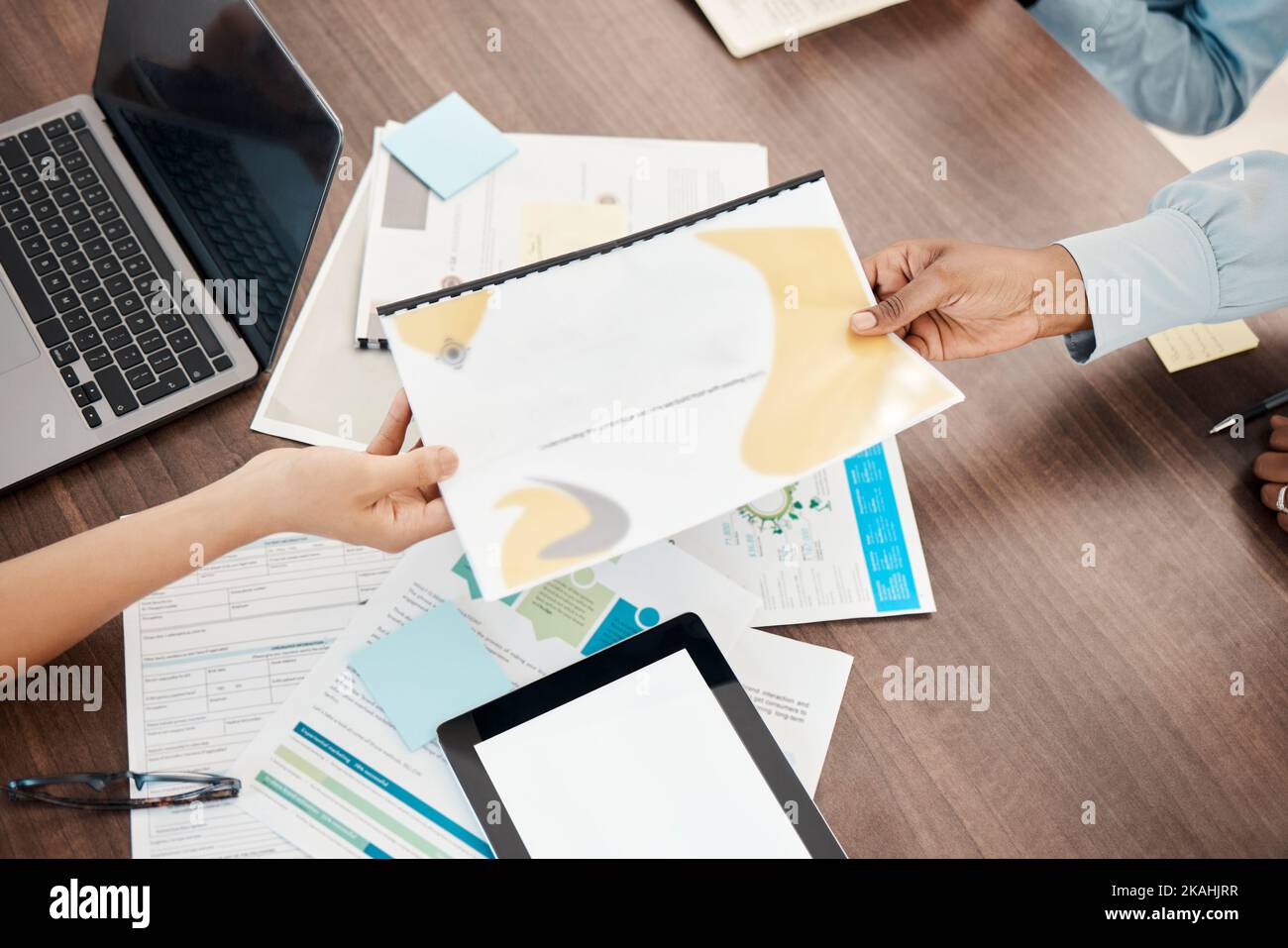 Documents, analytics and hands with paperwork in meeting, giving report ...