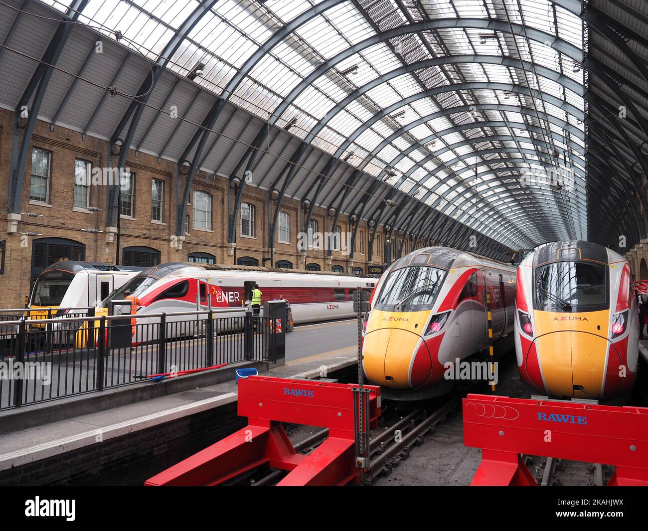 Three class Azuma trains at King's Cross terminus station in London, UK ...