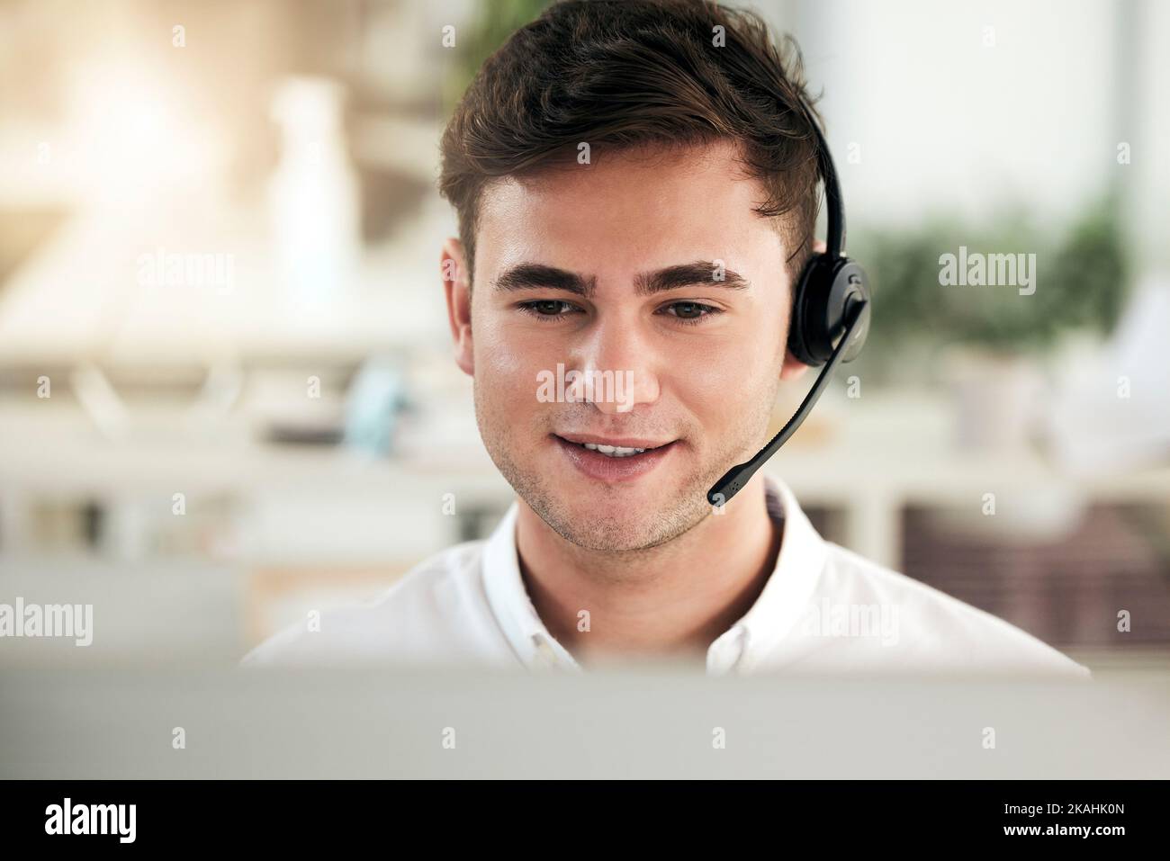 Man, call center and consultant with smile for communication ...