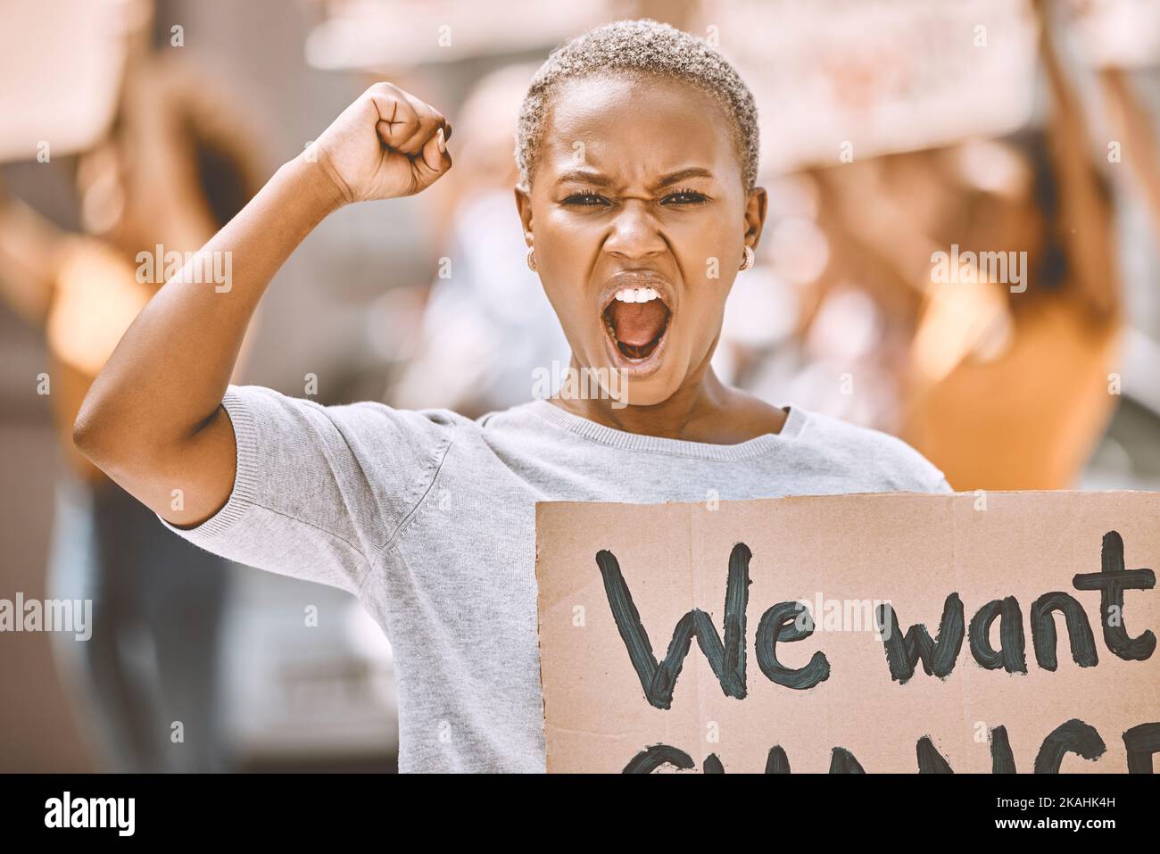 Power, motivation and scream protest of a black woman protesting for ...
