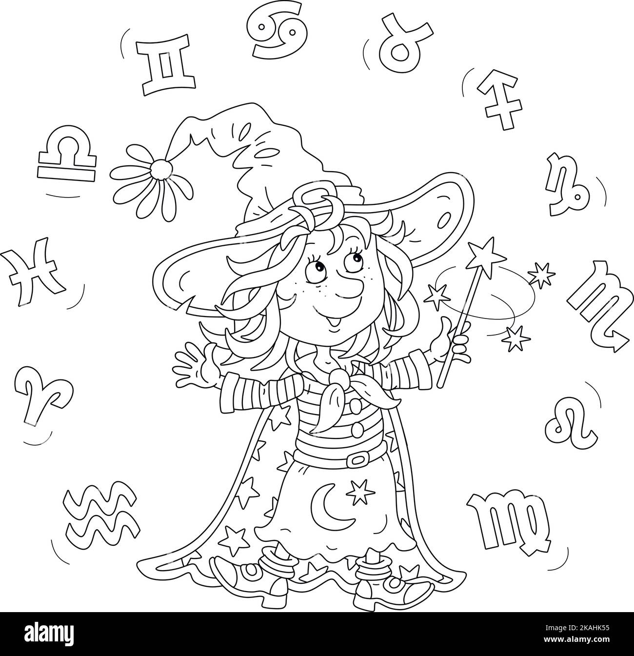 Happy little witch astrologer and fortune-teller waving her magic wand ...