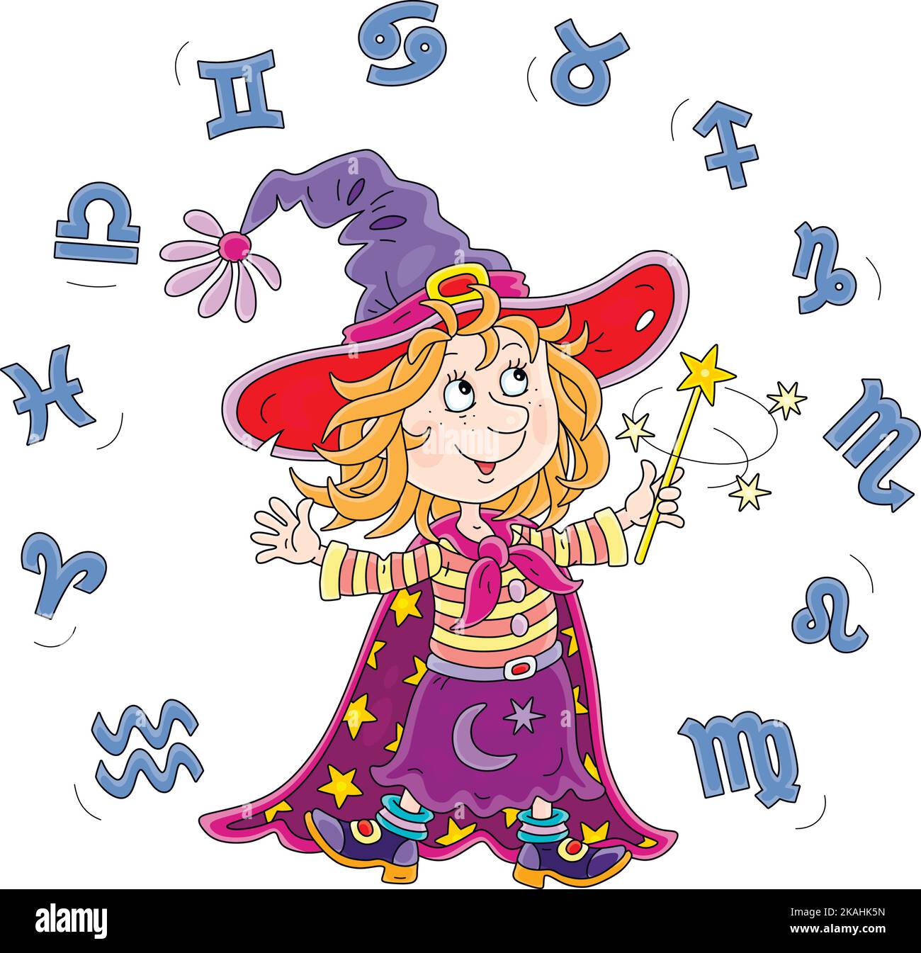 Happy little witch astrologer and fortune-teller waving her magic wand ...