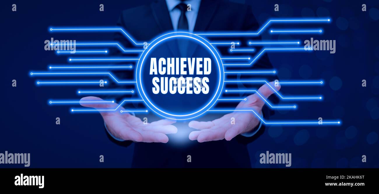 Hand writing sign Achieved Success. Business idea monitor campaigns and ...
