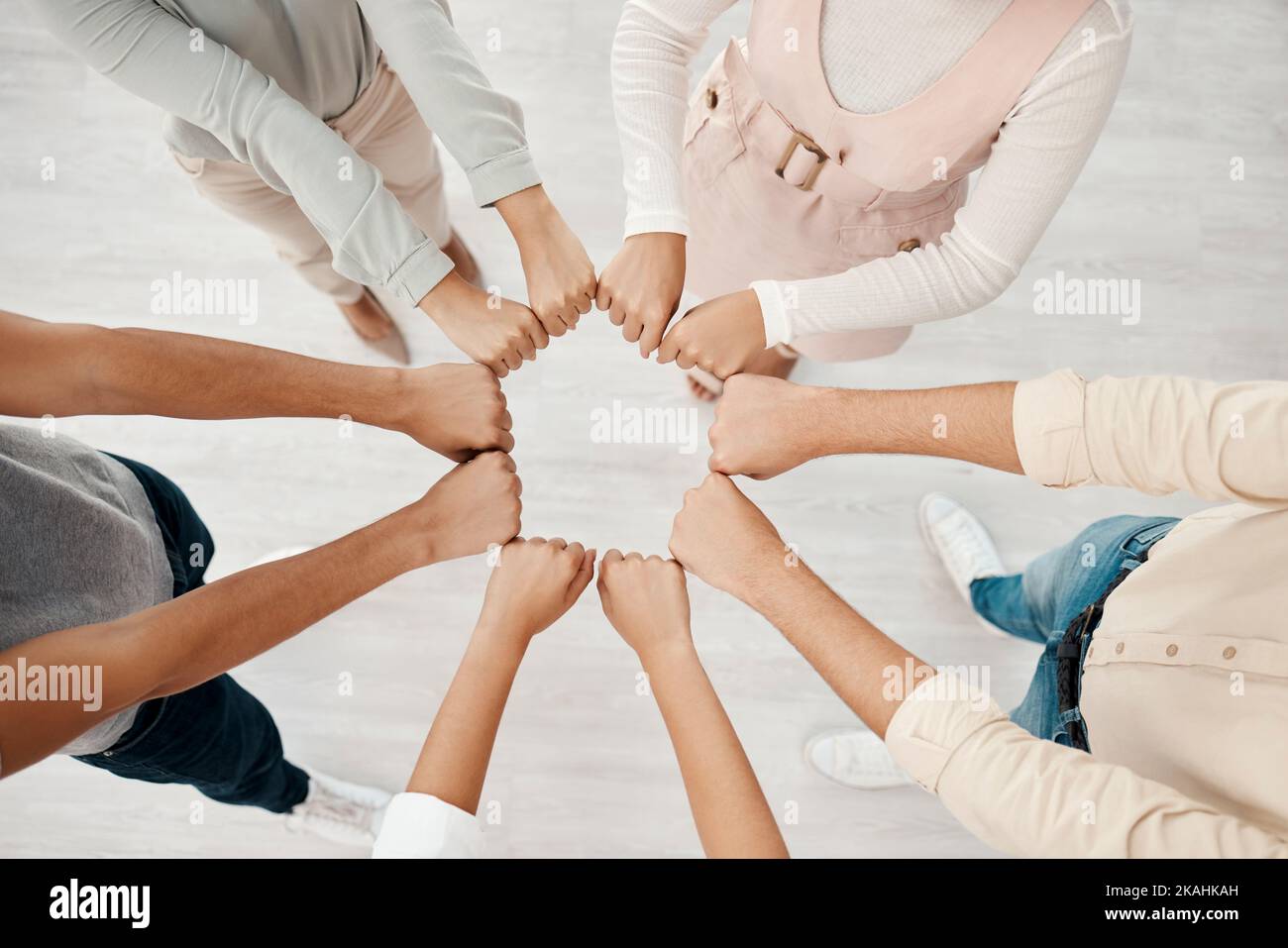 Corporate teamwork, fist bump hands of people in company diversity ...