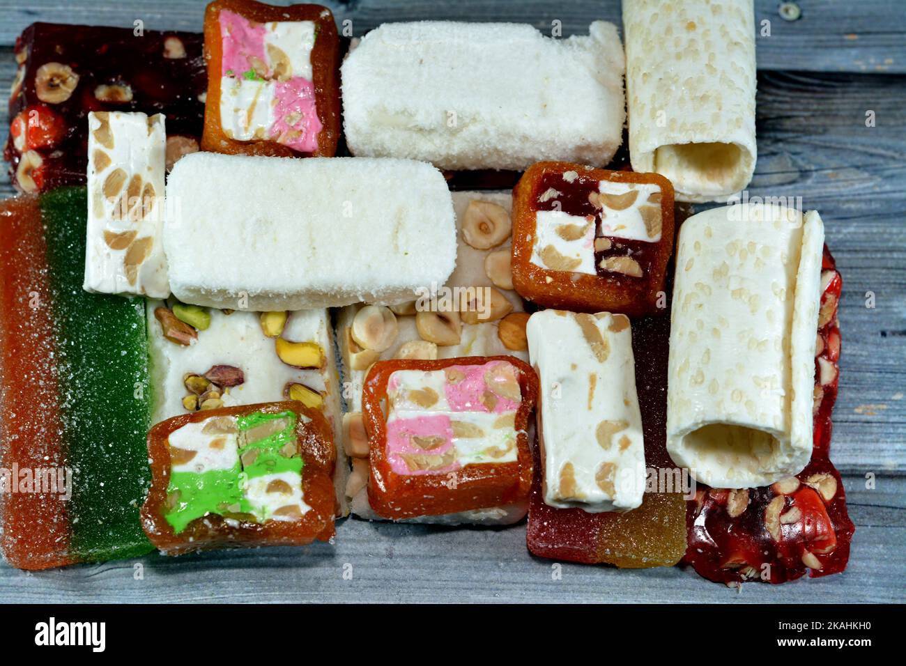 Collection of Arabian sweet candies with nuts, peanuts, hazelnuts and ...